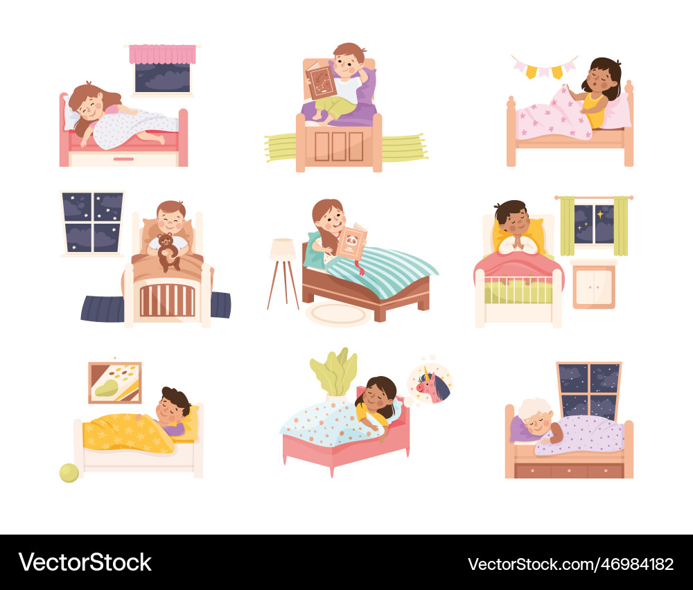 Little kids in bed sleeping and getting ready Vector Image