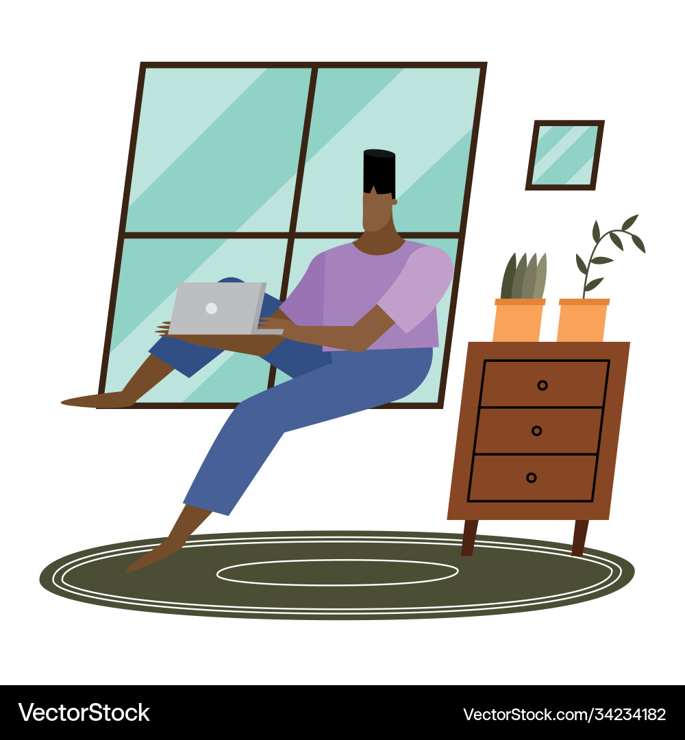 Man with laptop on window at home design Vector Image