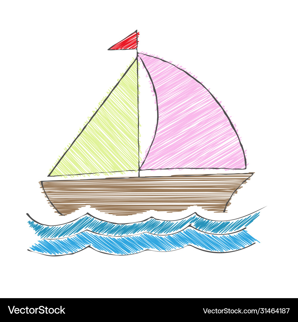 Boat with a sail on waves color in doodle Vector Image