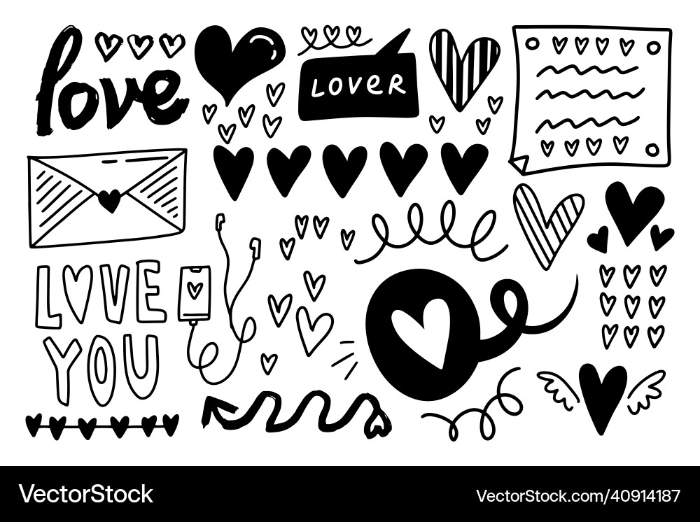 Love icon outline doodle set isolated valentine Vector Image