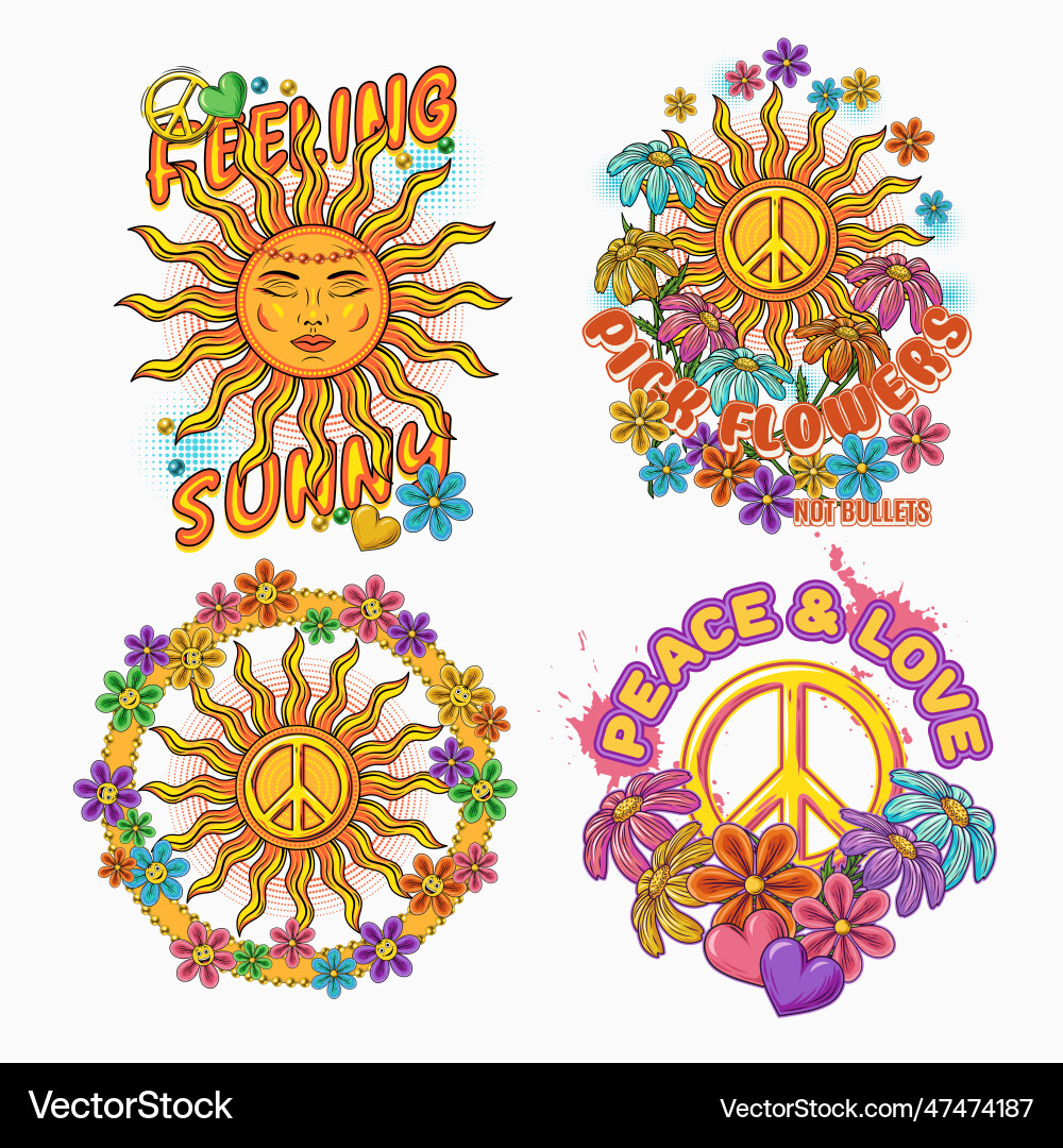 Summer labels with sun peace sign chamomiles Vector Image