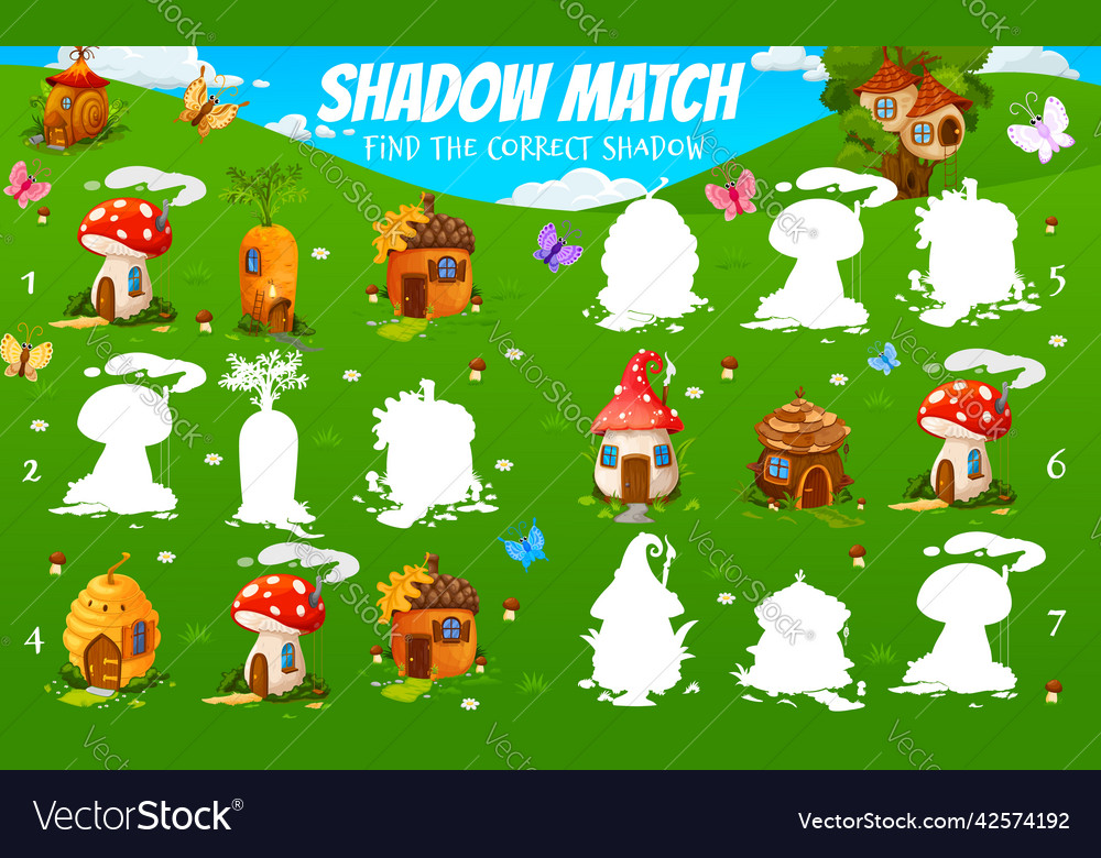 Shadow match game worksheet gnome and elf houses Vector Image