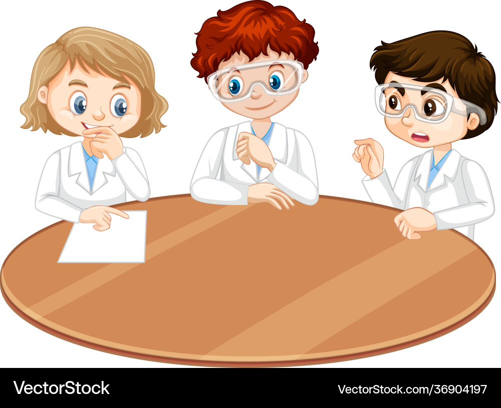 Three young scientist talking each other Vector Image