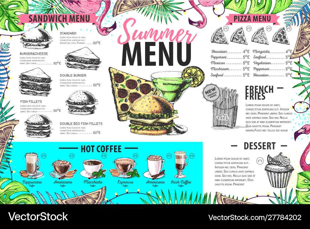 Hand drawing summer menu design with flamingo Vector Image