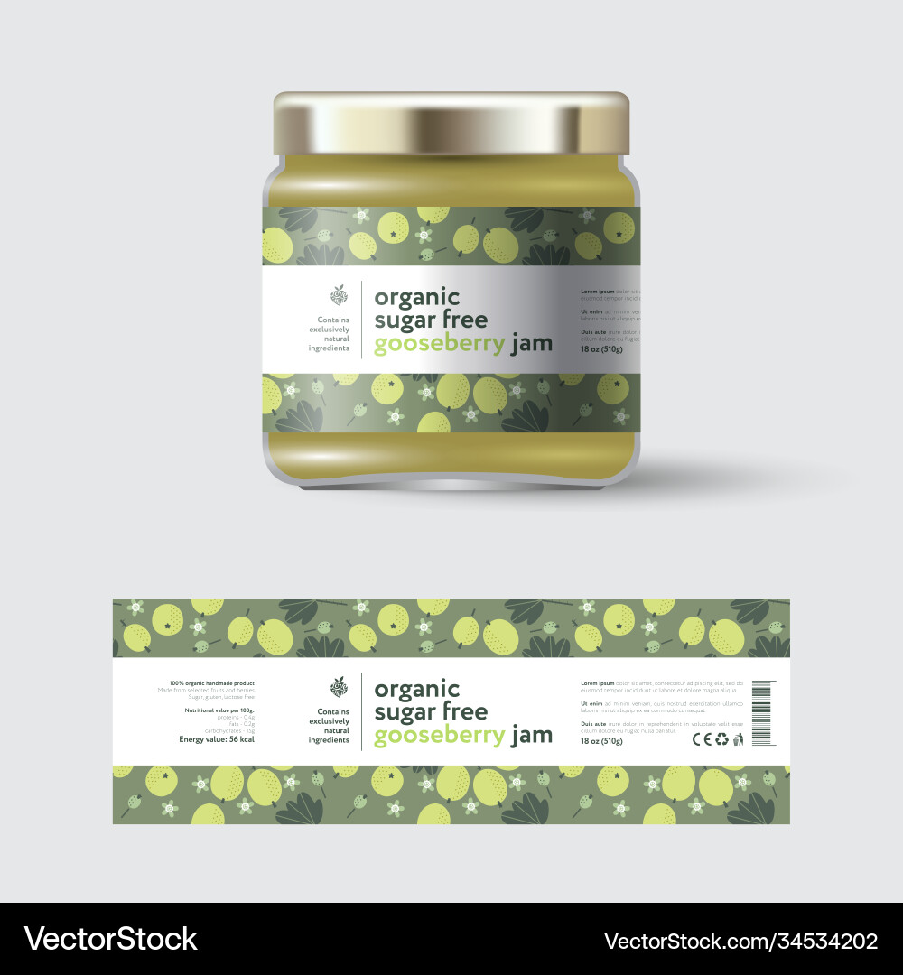 Jam gooseberry label packaging jar sugar free Vector Image