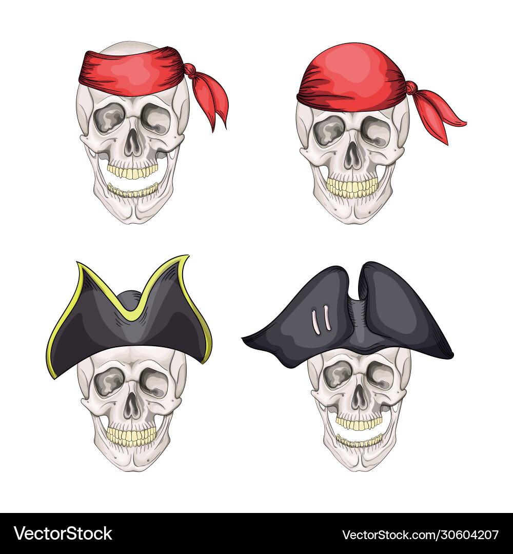 Danger pirate skull set in bandane and hat Vector Image
