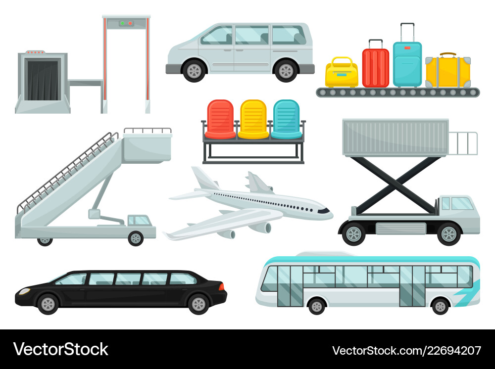 Flat set of airport elements transport Royalty Free Vector