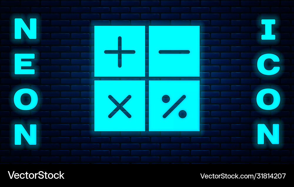 Glowing neon calculator icon isolated on brick Vector Image