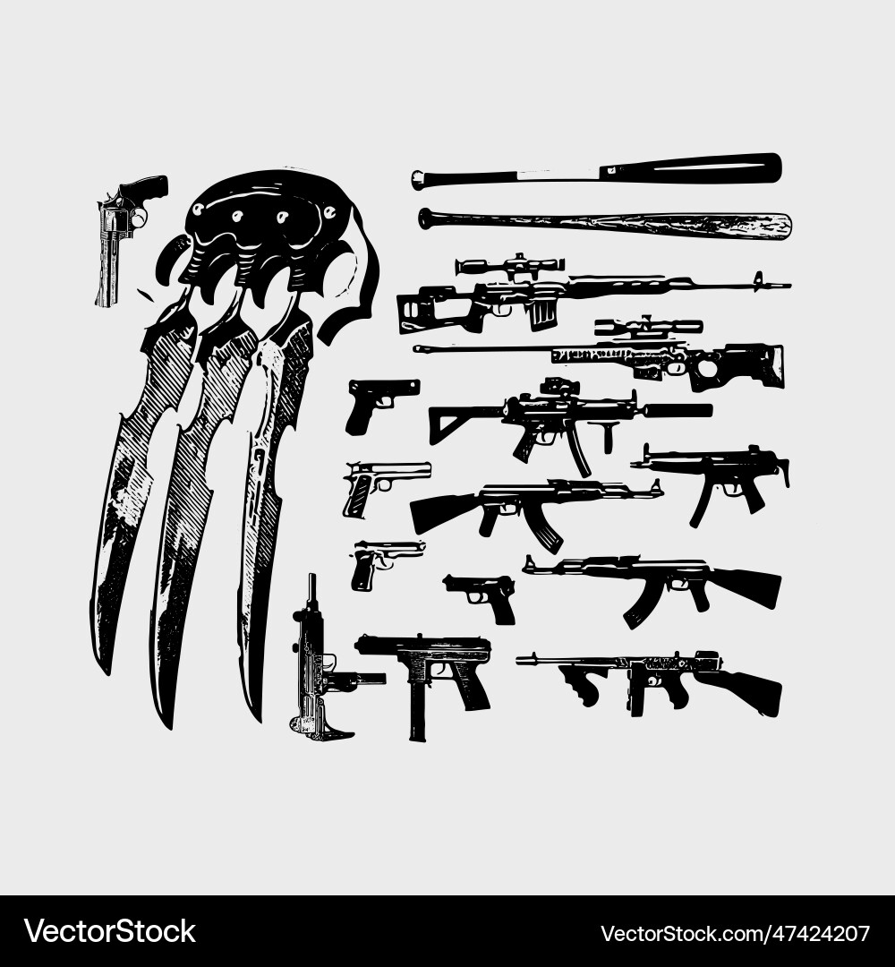 Grunge weapons guns isolated rough sketch Vector Image
