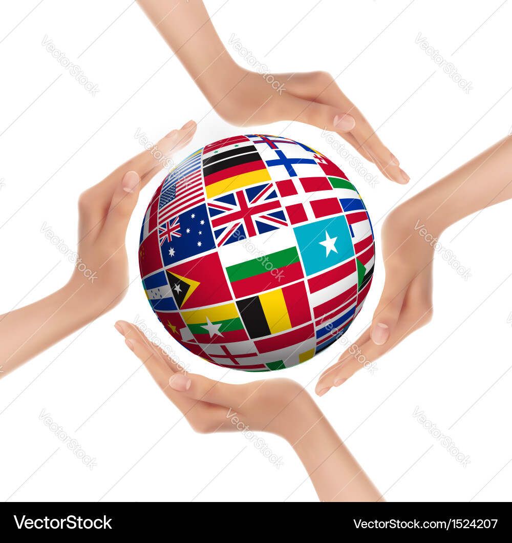 Hands holding globe with flags of world Royalty Free Vector