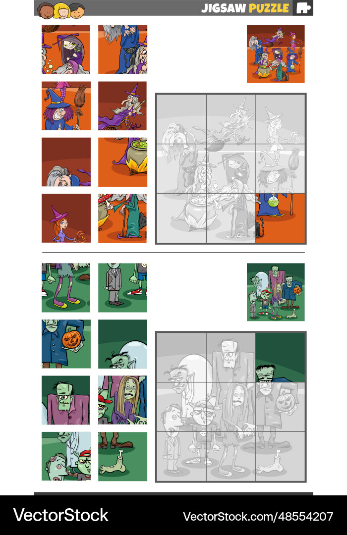 Jigsaw puzzle games set with fantasy characters Vector Image