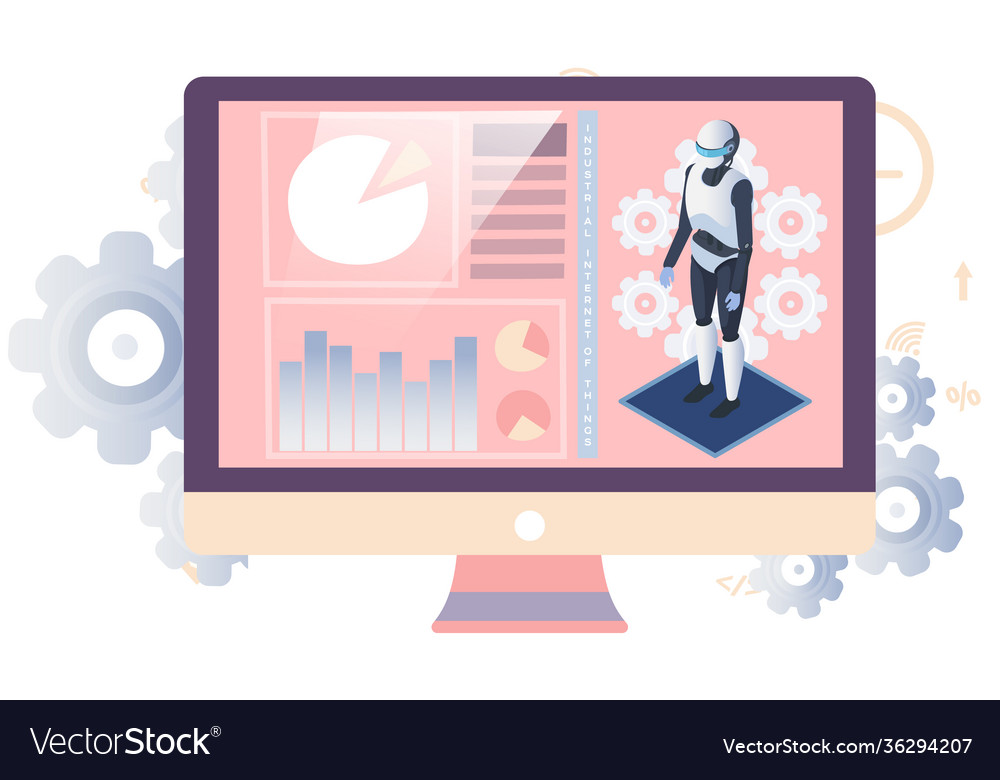 Robot humanoid works with digital interface using Vector Image