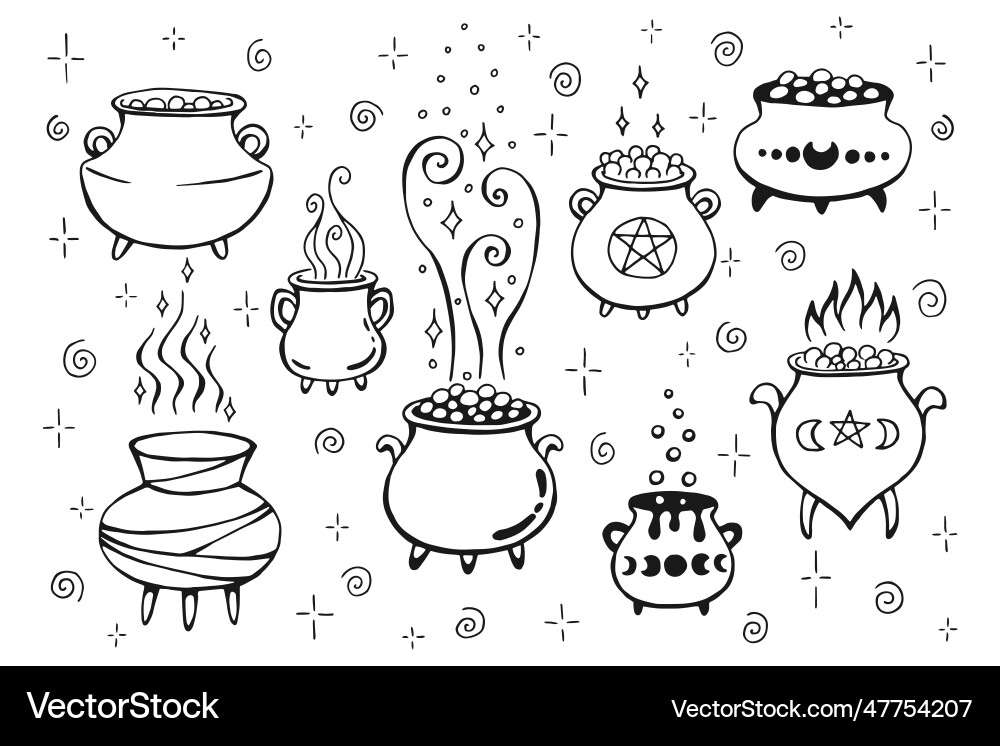 Set of magic cauldron hand drawn isolated on Vector Image