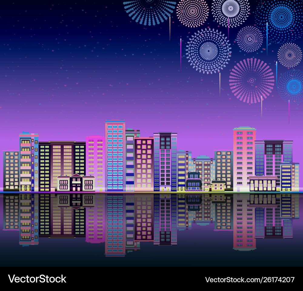 Skyline or urban landscape with neon firework Vector Image