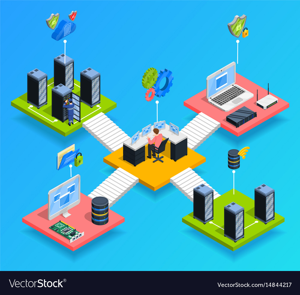 Data center isometric composition Royalty Free Vector Image