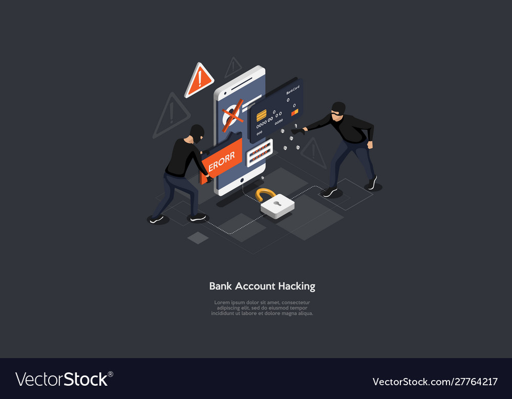 Isometric Bank Account Hacker Attack And Personal Vector Image