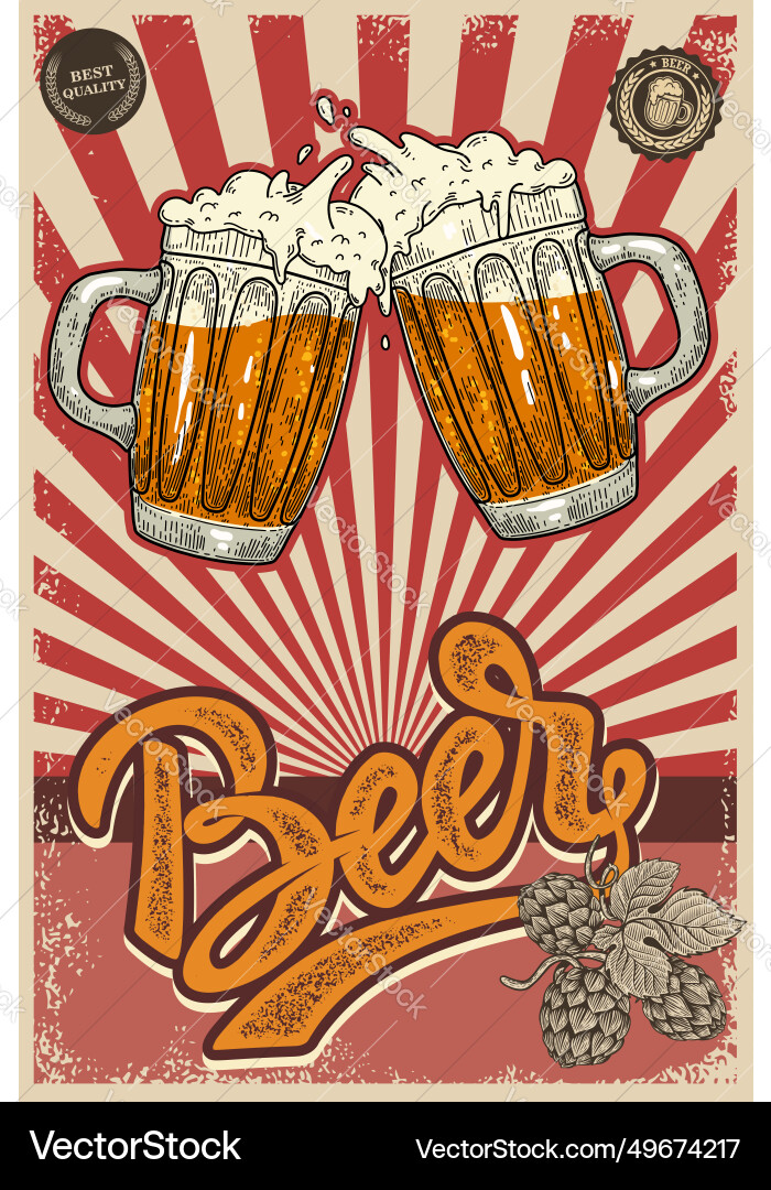 Vintage poster template with two toasting beer Vector Image