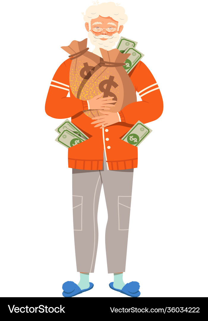 Senior man holding sack with dollar banknotes Vector Image