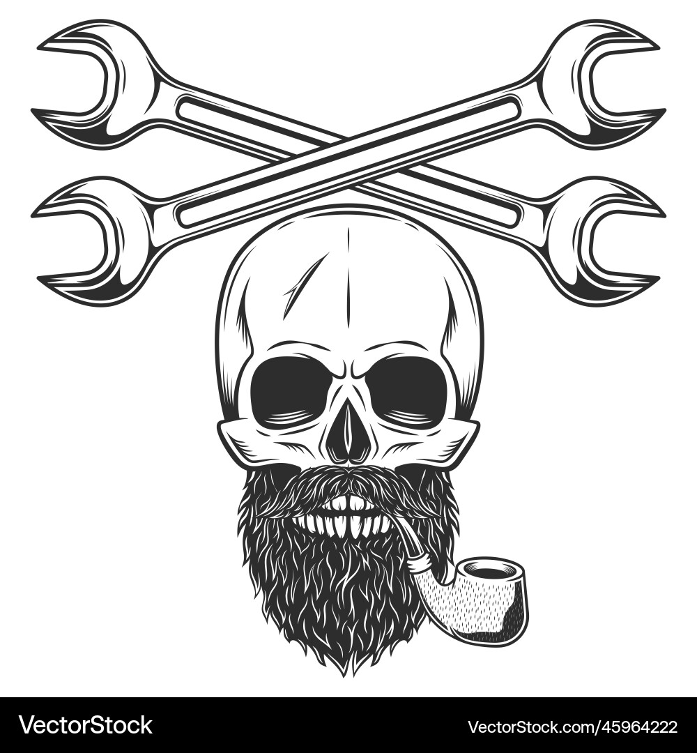 Skull with beard and smoking pipe with wrench Vector Image