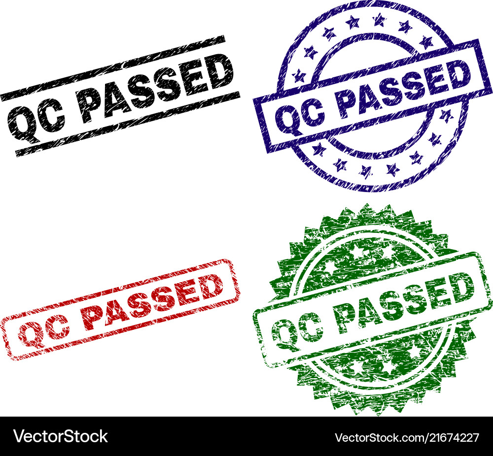 Grunge textured qc passed stamp seals Royalty Free Vector