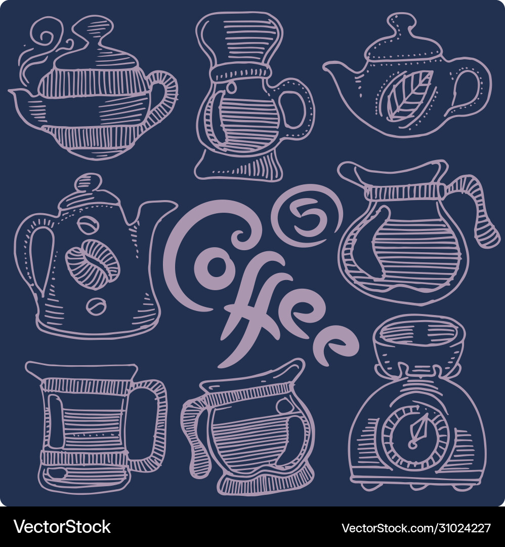 Hand drawn coffee set a variety dishes Royalty Free Vector