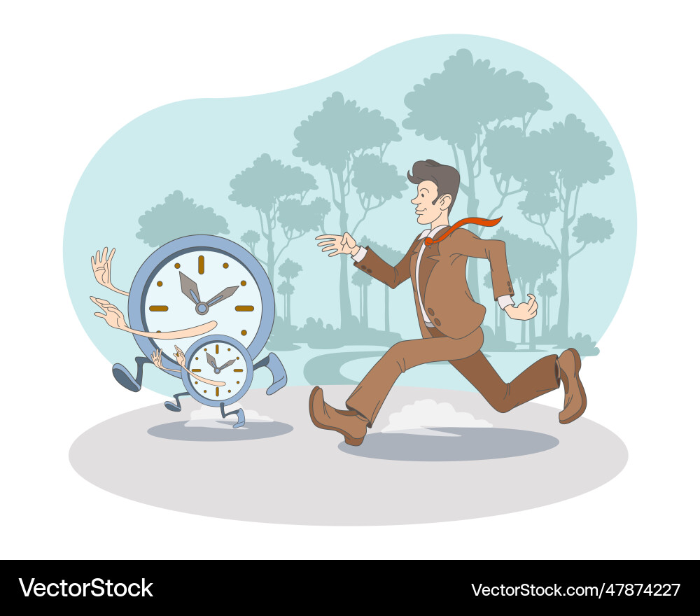 Man in office clock running after clock in park Vector Image