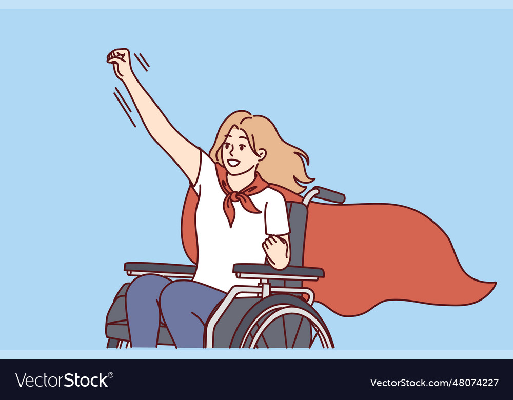 Woman with wheelchair in superhero cape symbolizes
