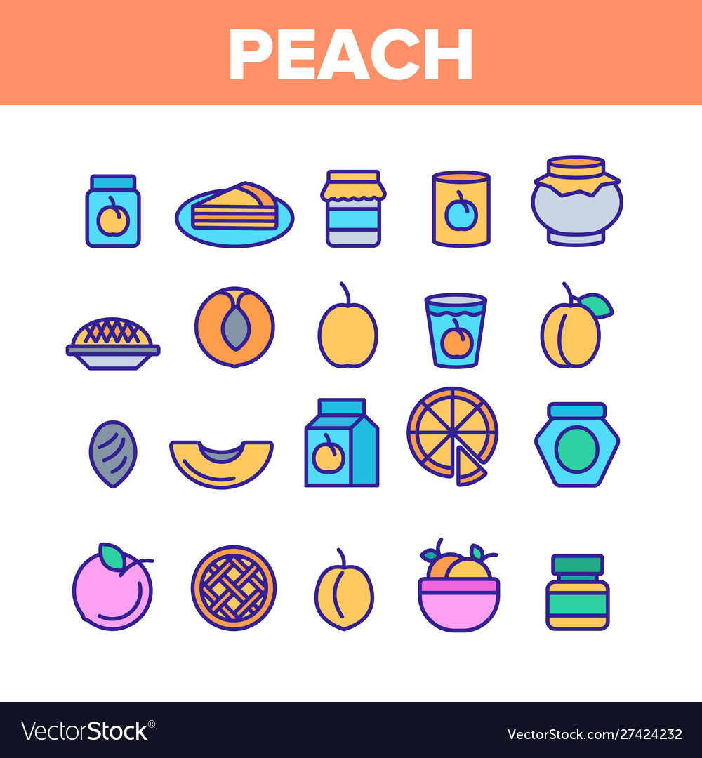 Peach fruit color elements icons set Royalty Free Vector