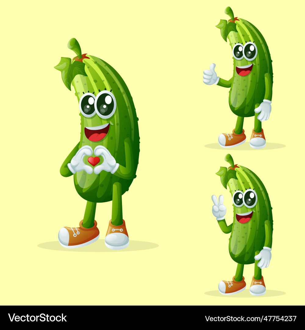 Cute cucumber characters making playful hand signs