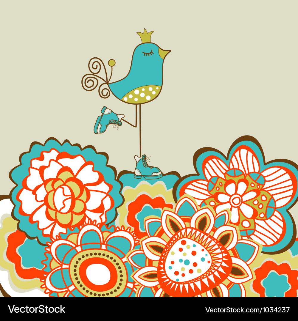 Floral garden and cute bird Royalty Free Vector Image