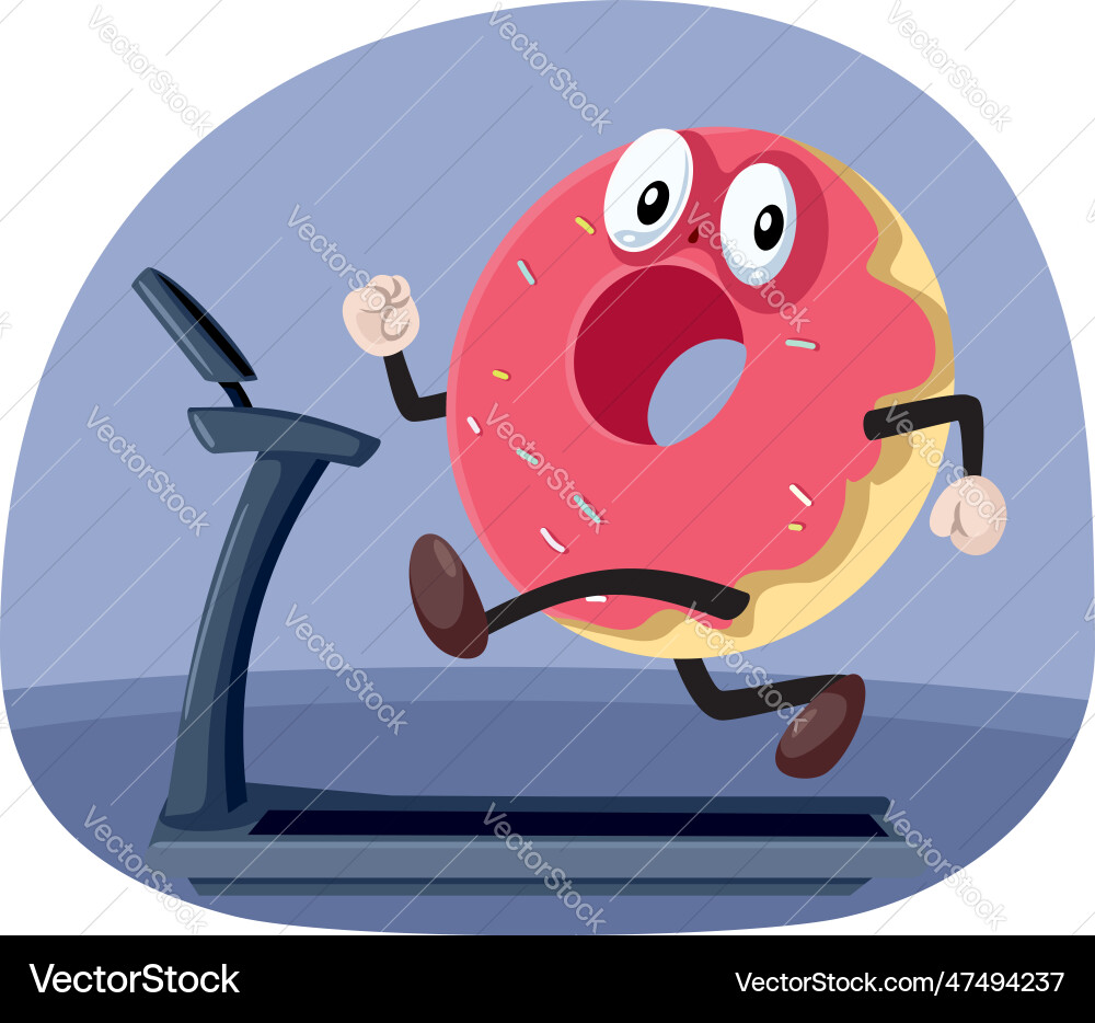 Funny donut character running on a treadmill for Vector Image