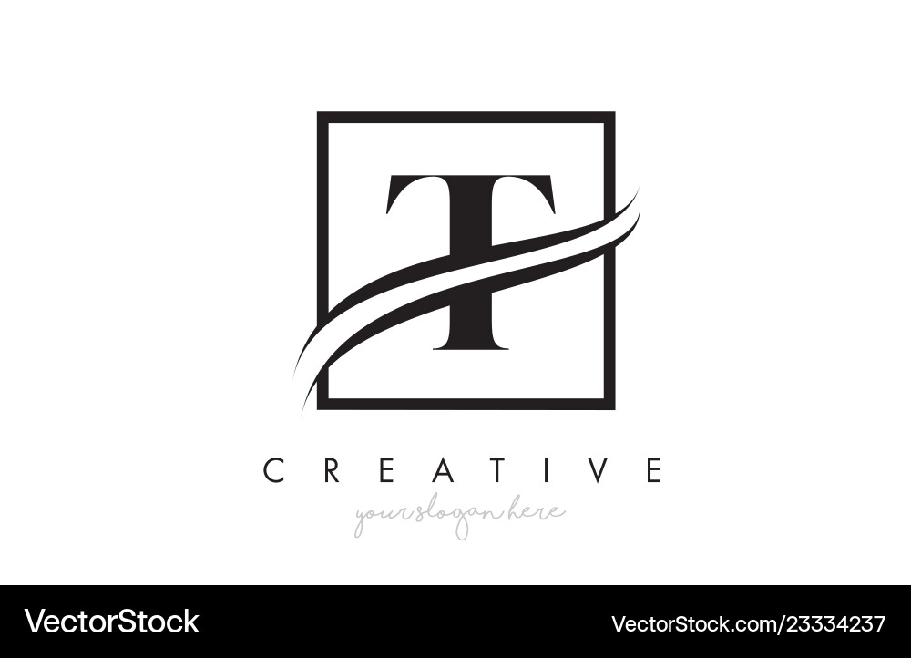 T letter logo design with square swoosh border Vector Image