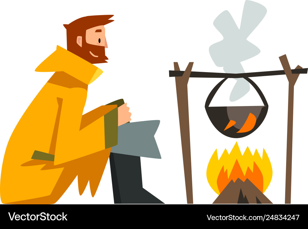 Fisherman cooking fish soup in cauldron over Vector Image
