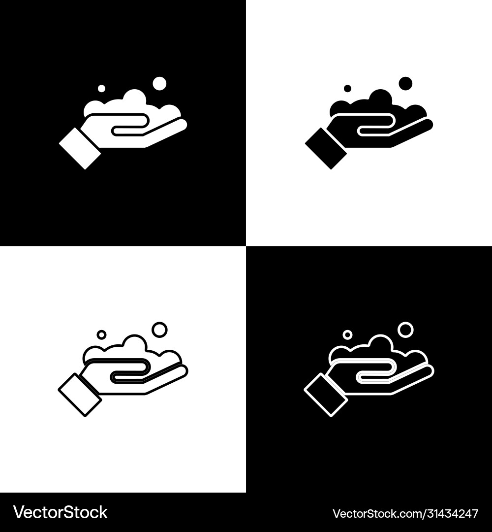 Set washing hands with soap icon isolated on black