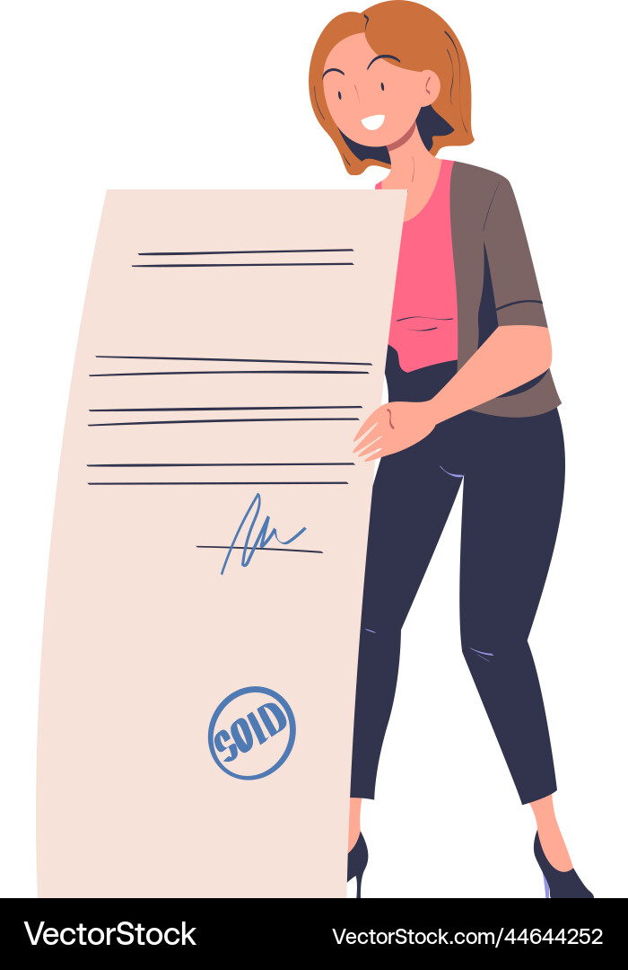 Woman character with huge paper document making Vector Image