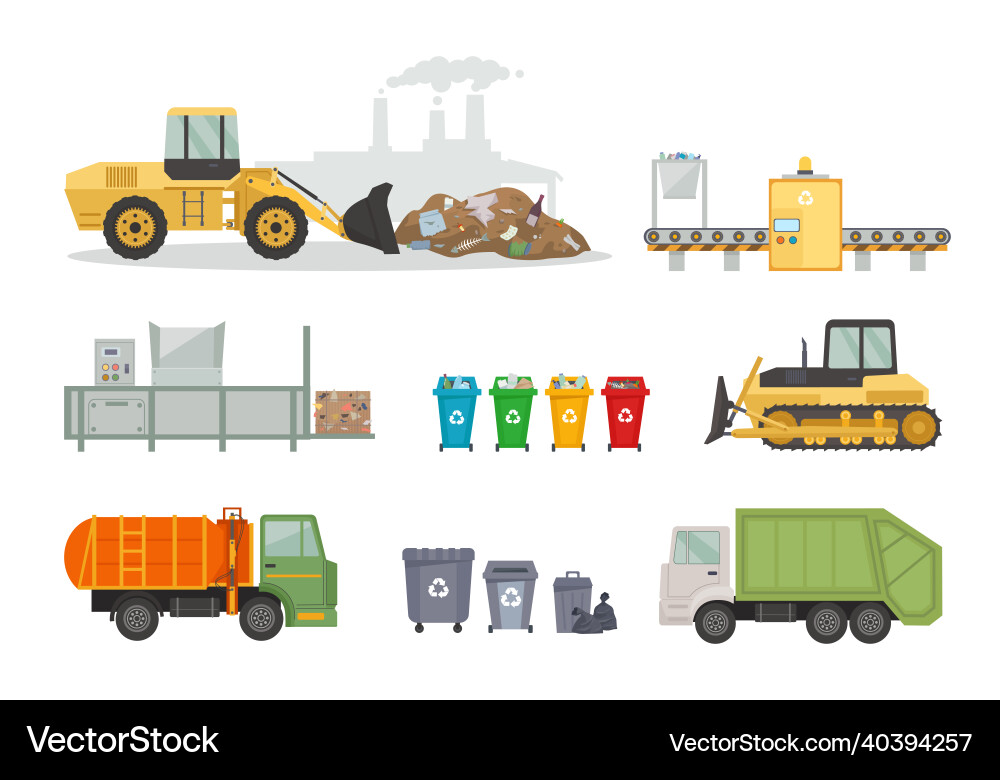 Garbage collection and recycling equipment set Vector Image