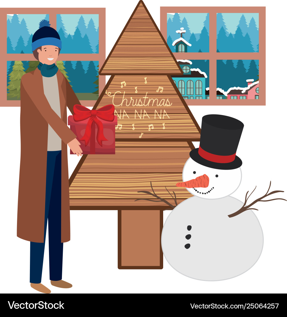 Man with christmas tree and landscape view Vector Image