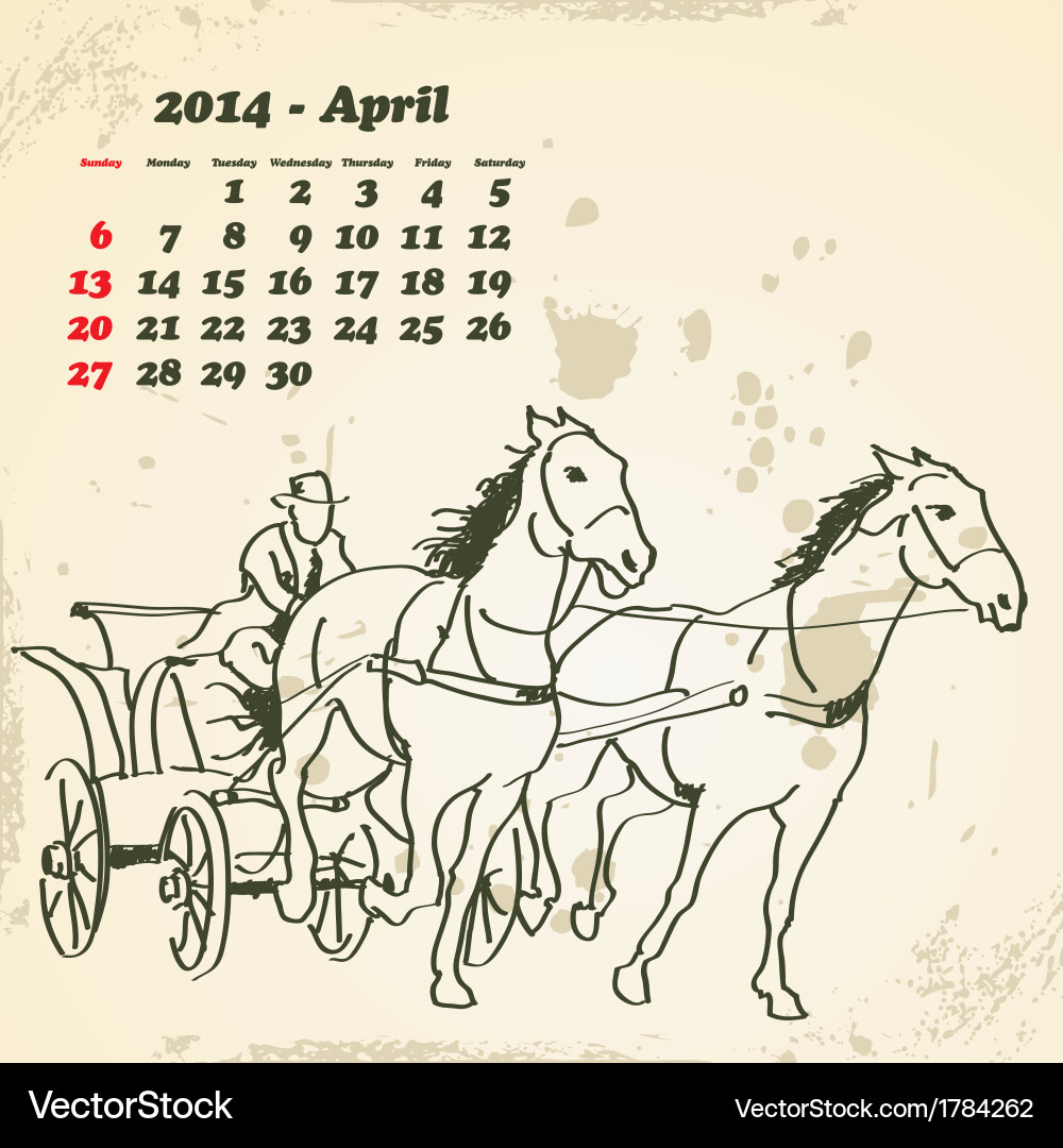 April 2014 hand drawn horse calendar Royalty Free Vector