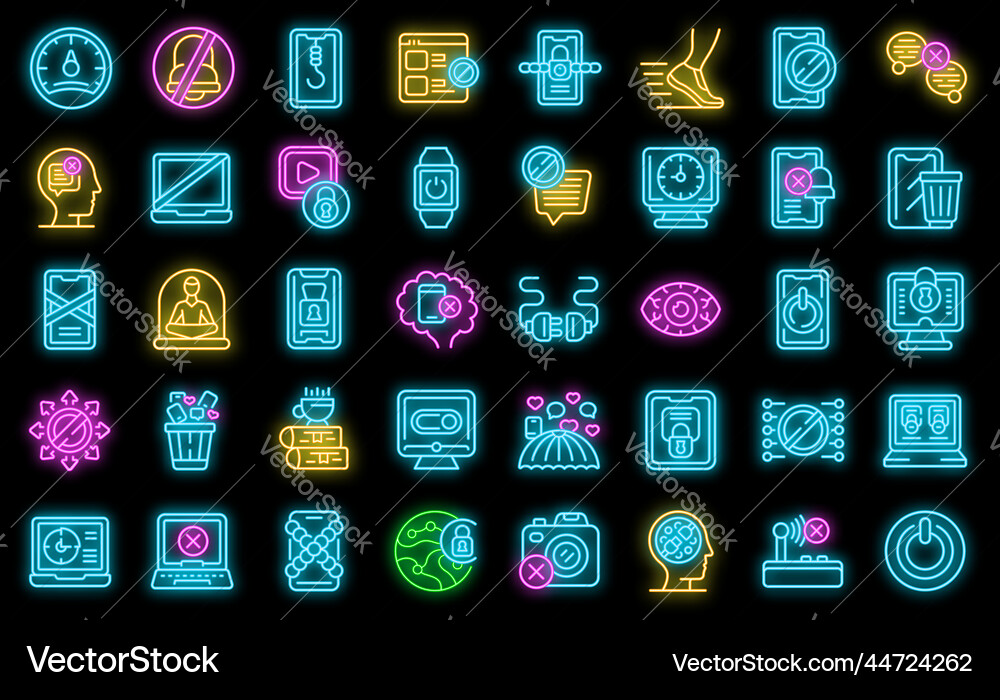 Digital detox icons set neon Royalty Free Vector Image