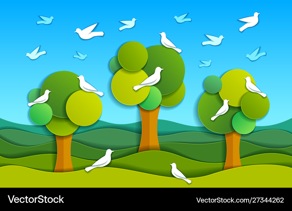 Three trees with birds in field scenic nature Vector Image