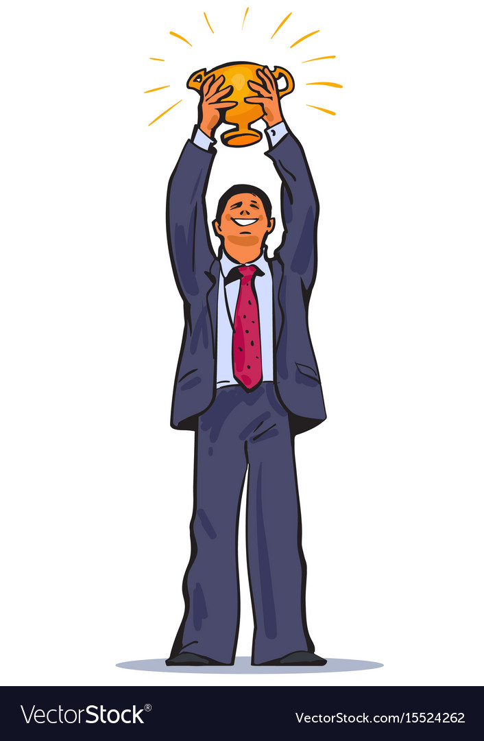 Winner Businessman Holding Up Winning Trophy Vector Image