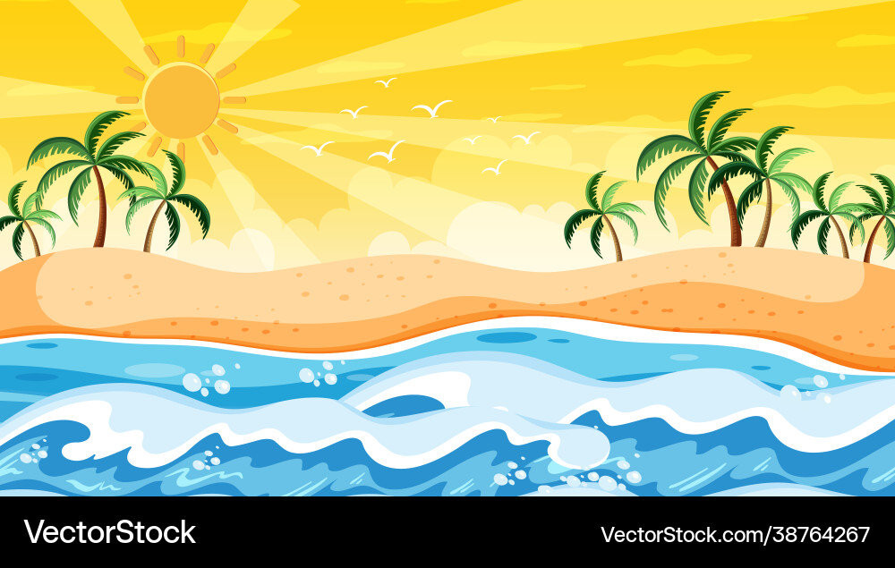 Beach landscape at sunset scene with ocean wave Vector Image