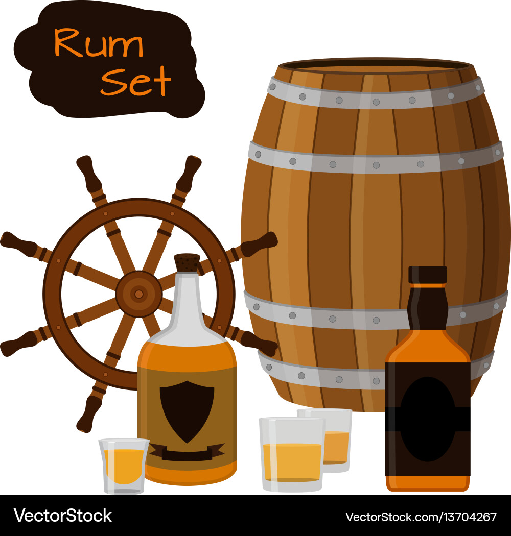 Rum set alcohol helm barrel shots rum bottle flat Vector Image