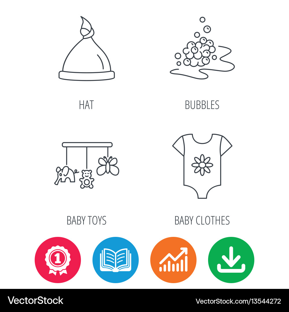 Baby clothes bath bubbles and hat icons Royalty Free Vector