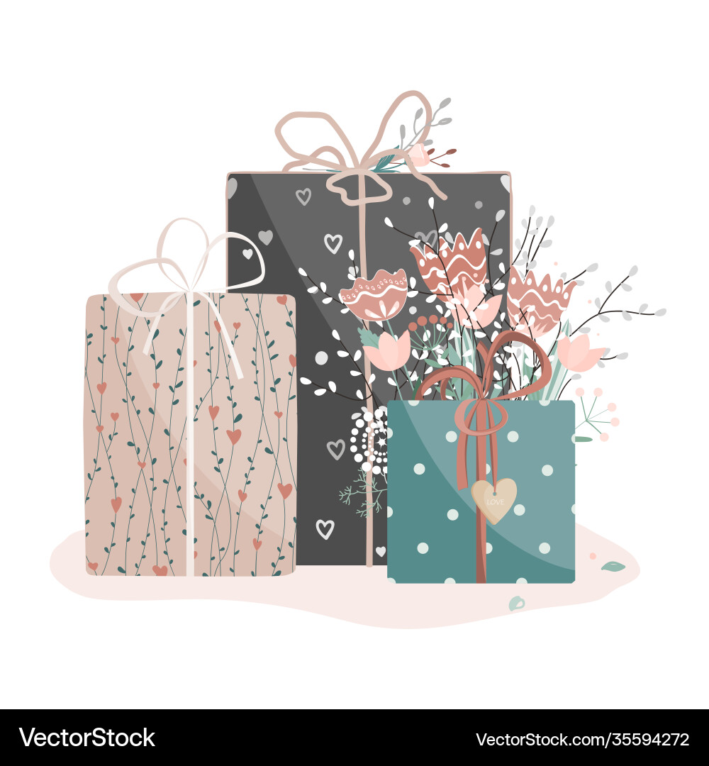 Valentine day gift boxes set with flowers wrapped Vector Image