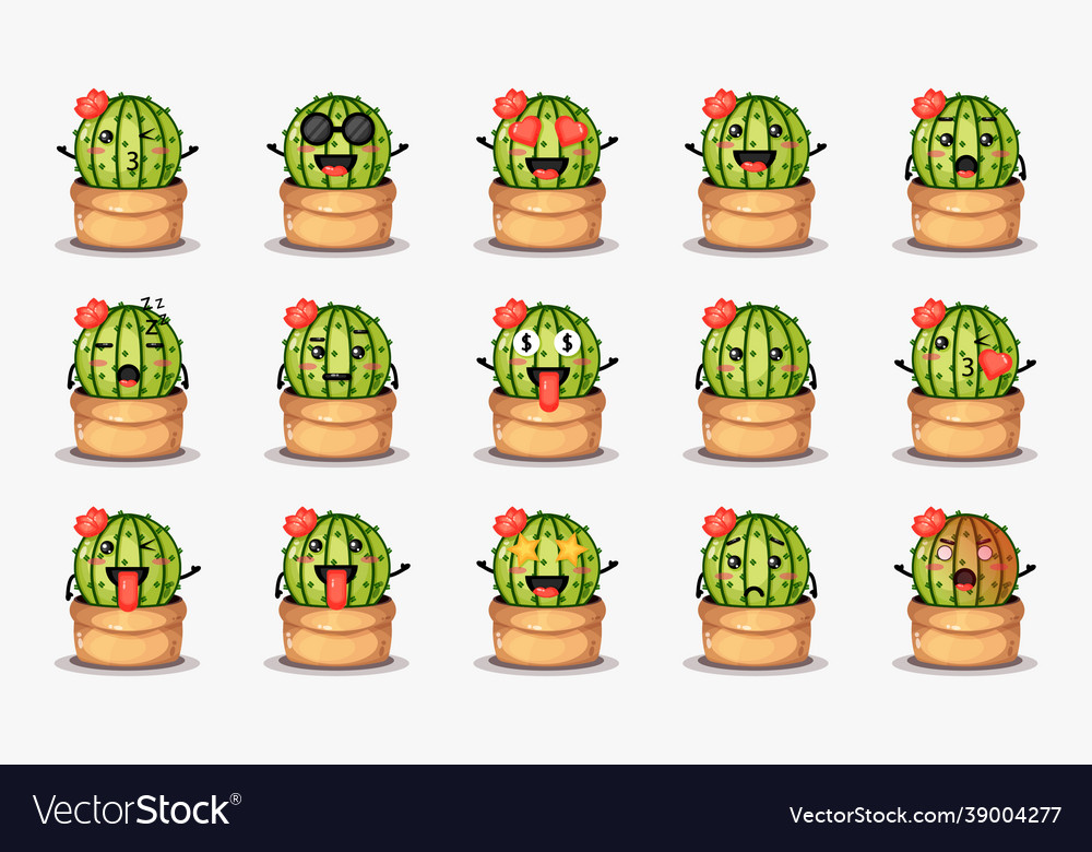 Cute cactus in a pot with various expressions set Vector Image