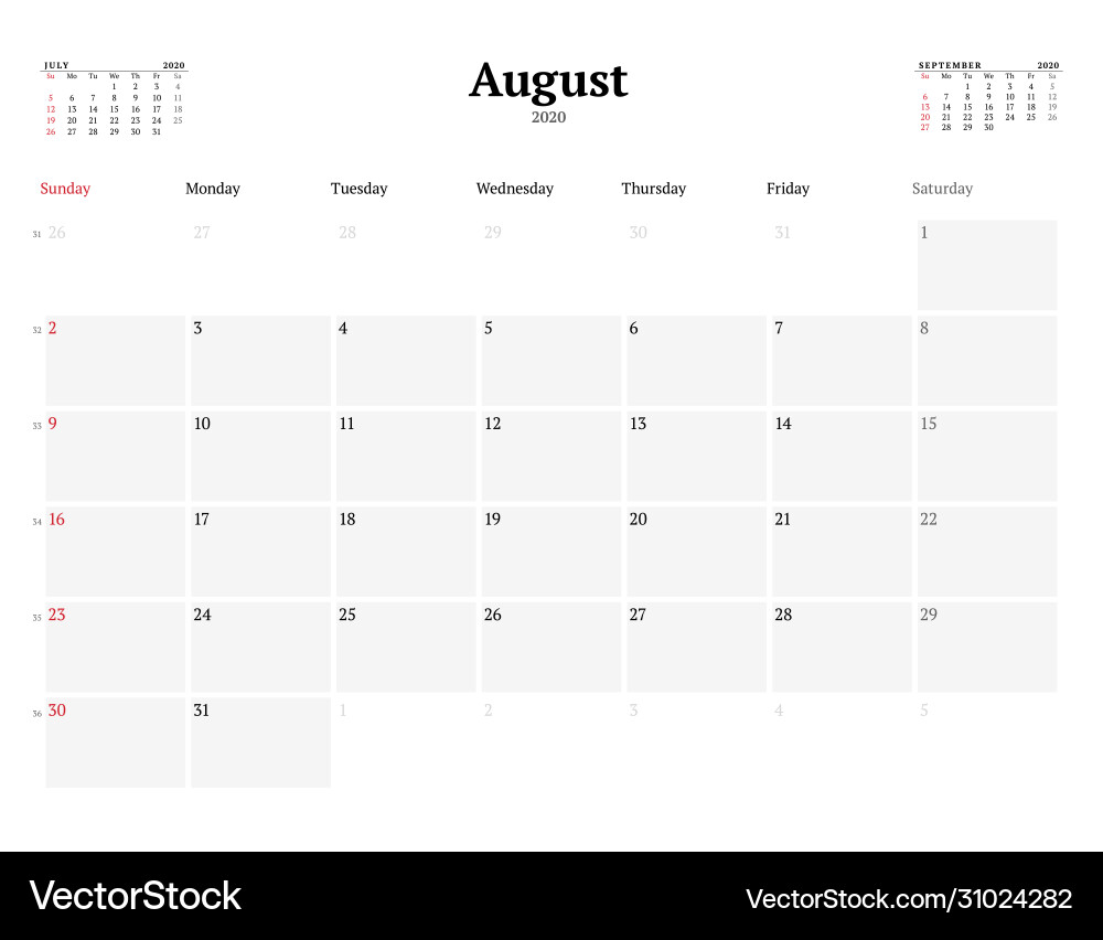 Calendar template for august 2020 business Vector Image