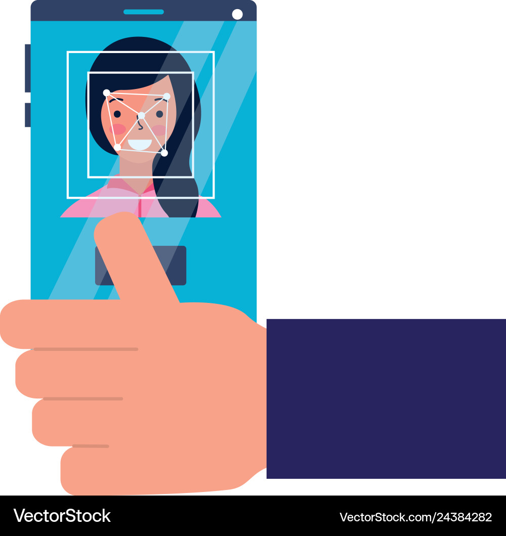 Hand with mobile woman face scanning Royalty Free Vector