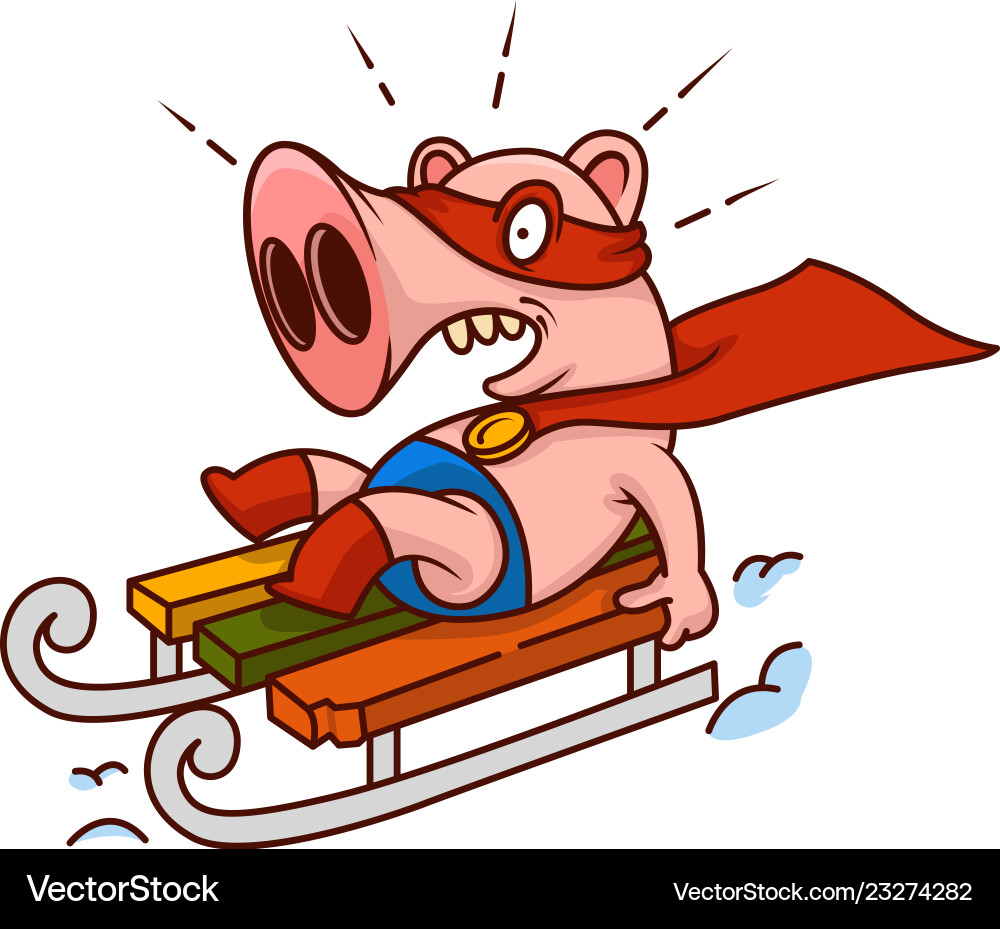 Pig superhero fast riding on sleigh humanized Vector Image