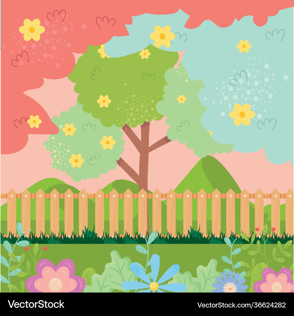 Spring landscape with flowers tree and fence Vector Image